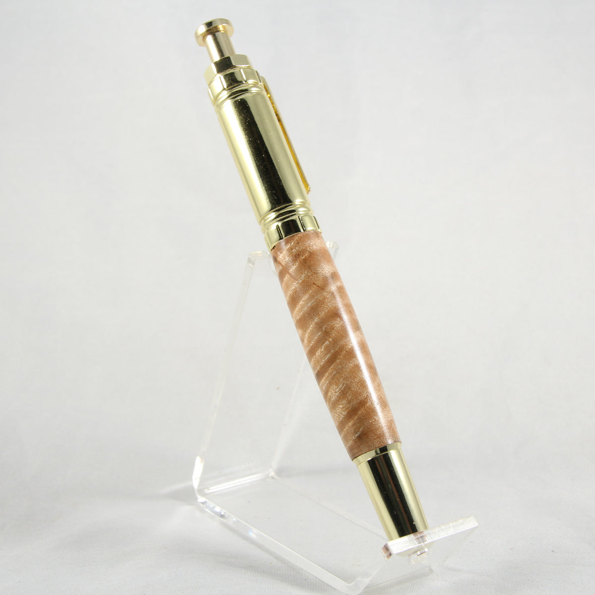 PCL-E Pistol Click Pen Curly Maple With Gold Trim – Pens With A Purpose